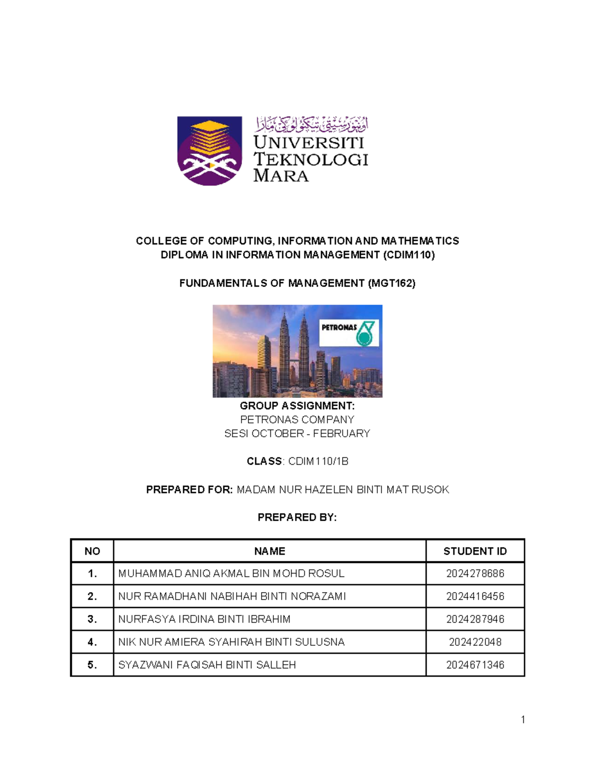 MGT162 Group Assignment: Fundamentals of Management at PETRONAS - Studocu