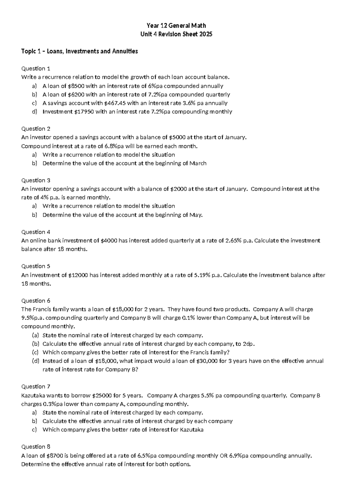 Unit 4 Finance Revision Sheet Year 12 2025: Loans & Investments - Studocu