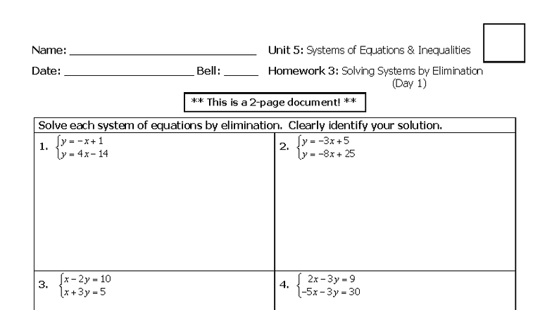 Algebra Unit 5 Homework 3: Solving Systems by Elimination - Studocu