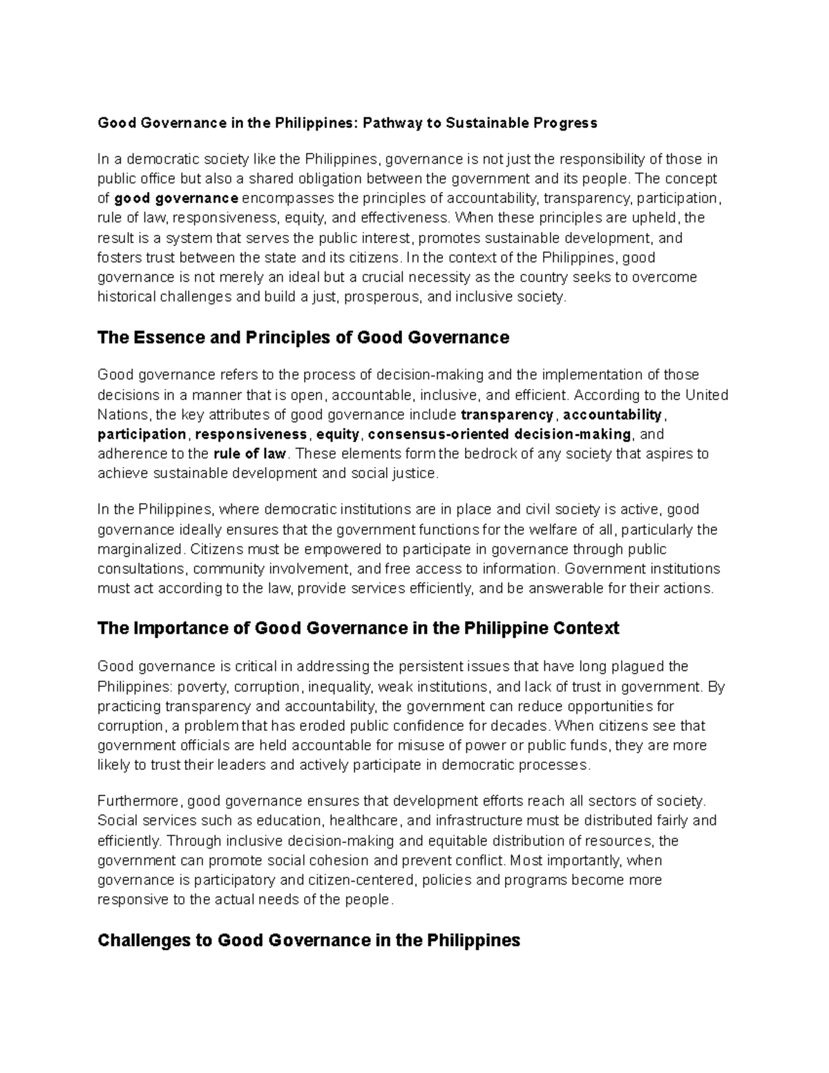 Good Governance in the Philippines: Pathway to Sustainable Development ...