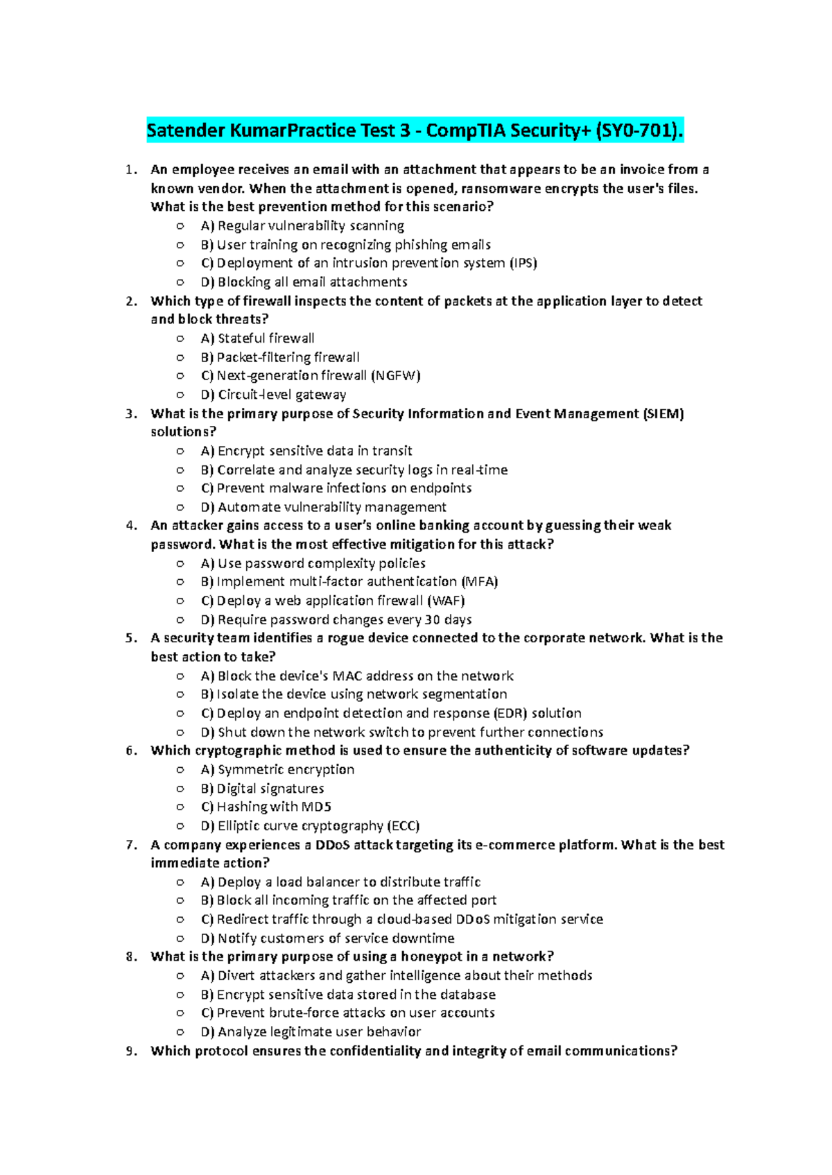 Practice Test 3 - CompTIA Security+ (SY0-701) Study Guide - Studocu