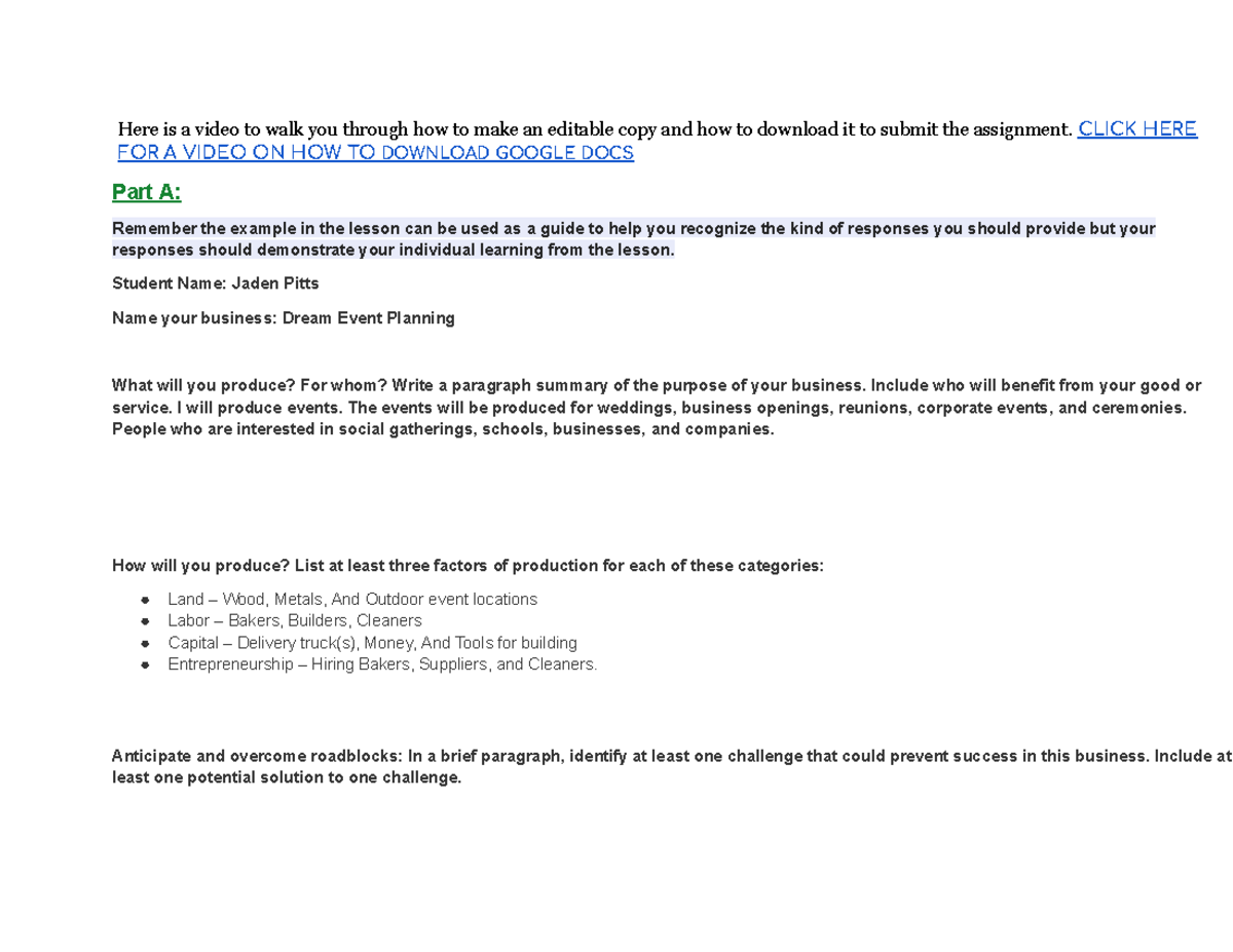 Economics 2.02 Assignment: Editable Business Plan Template Guide - Studocu