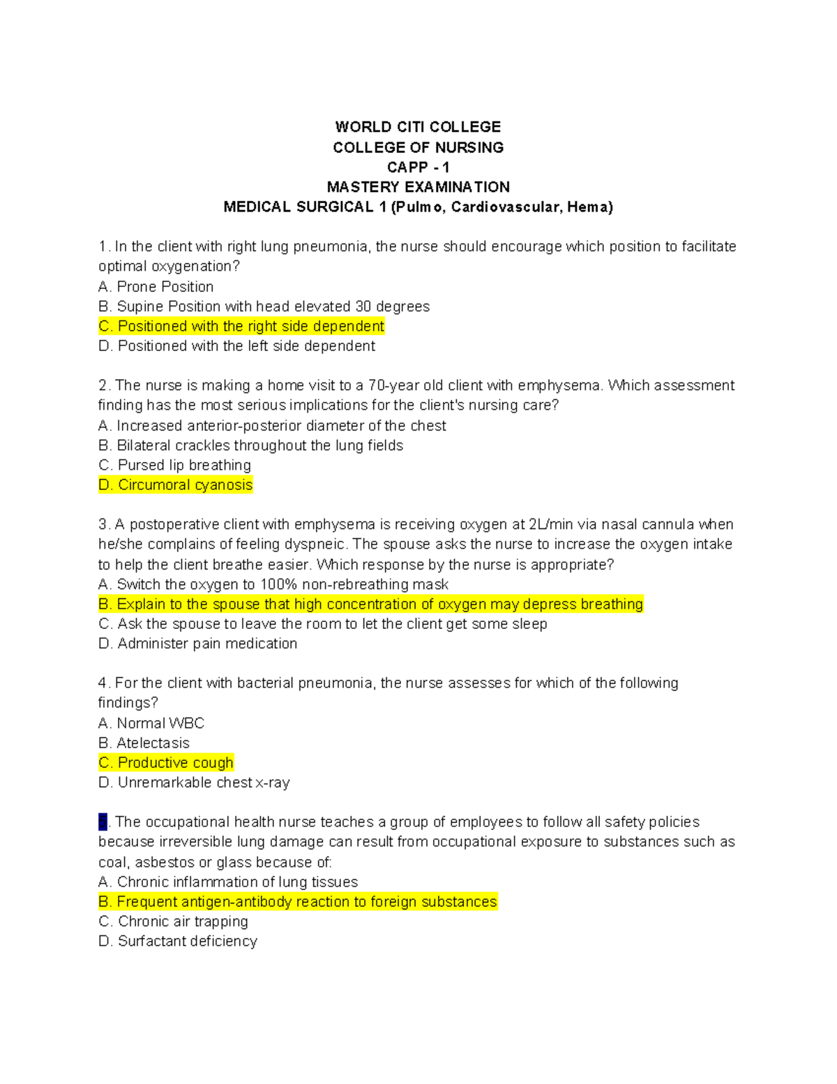 Medical Surgical 1 Pulmo Cardiovascular Hema - WORLD CITI COLLEGE COLLEGE OF NURSING CAPP - 1 ...