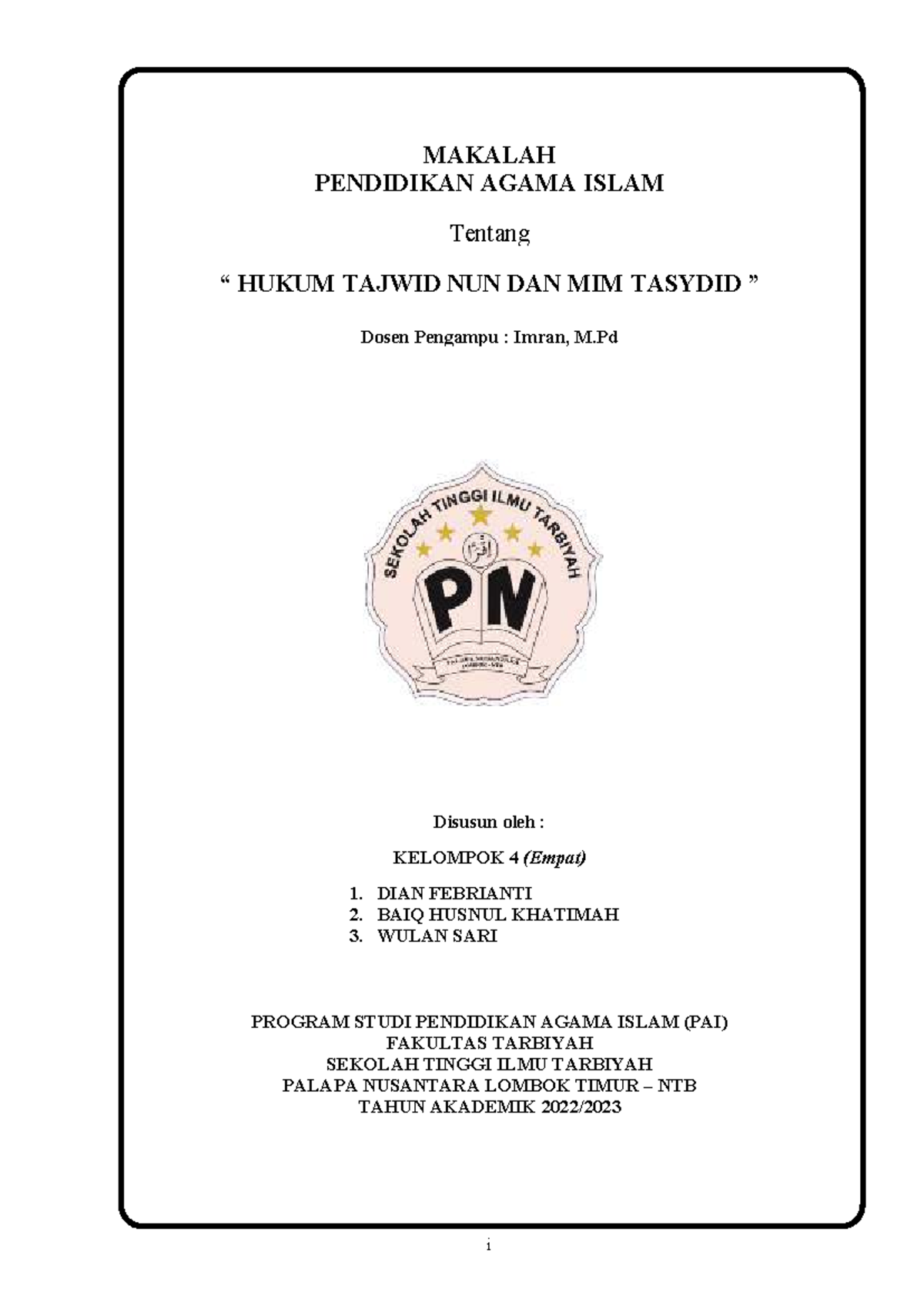 Makalah Hukum Tajwid NUN dan MIM Tasydid - Pendidikan Agama Islam - Studocu