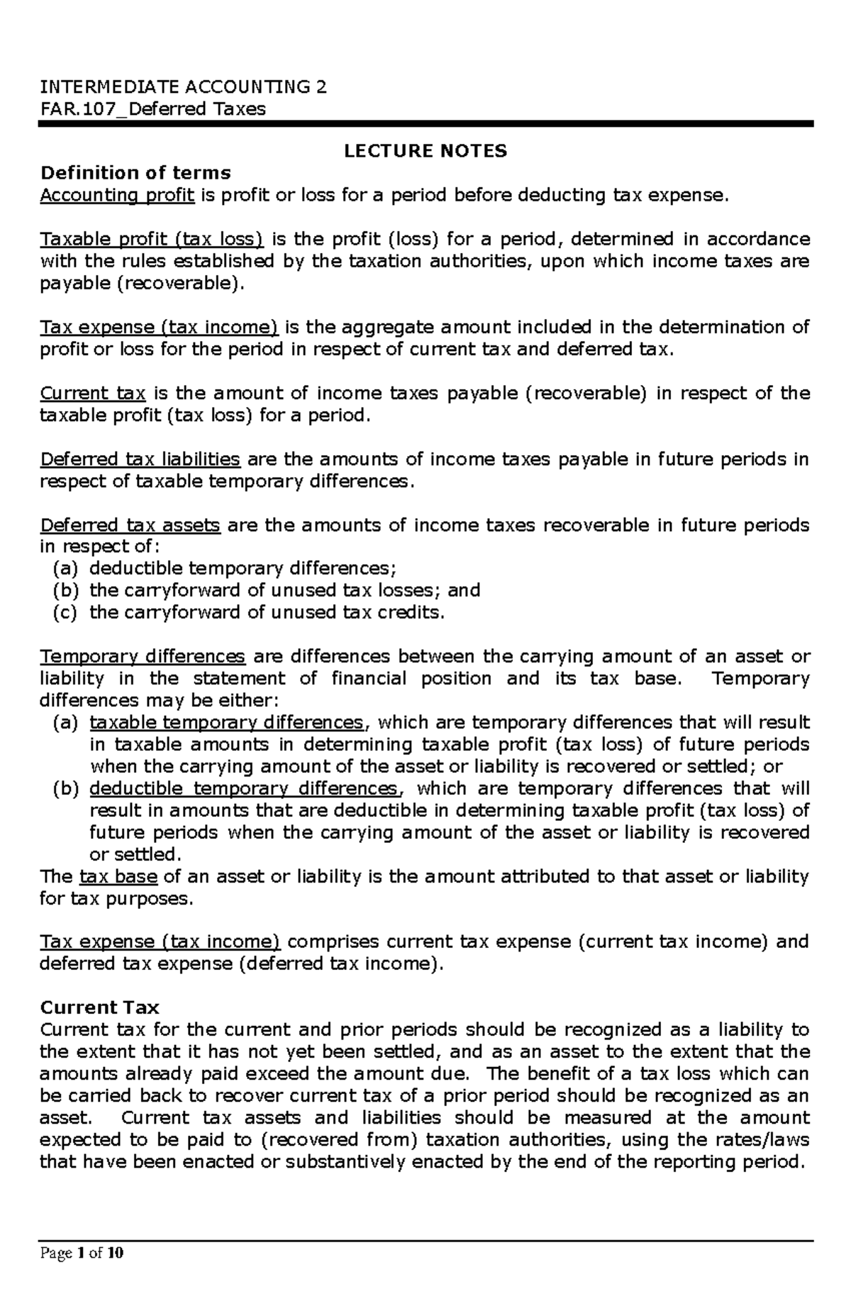 FAR.107 Lecture Notes on Deferred Taxes with End-of-Lecture Questions ...