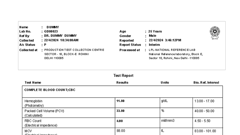 Lab Report: Complete Blood Test Results for Patient DUMMY (Age: 25 ...