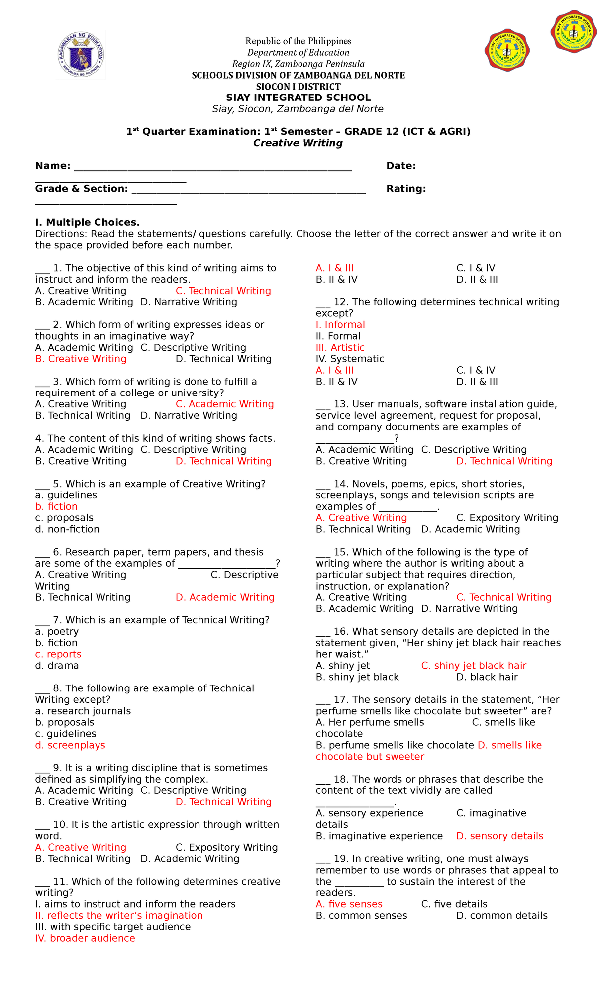 CW-1st Quarter Examination - Republic of the Philippines Department of ...