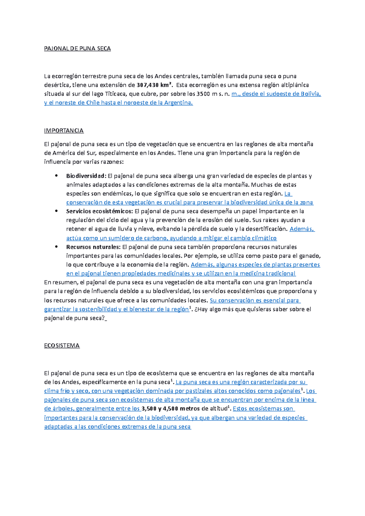 Pajonal de Puna Seca: Biodiversidad y Ecosistemas en los Andes - Studocu