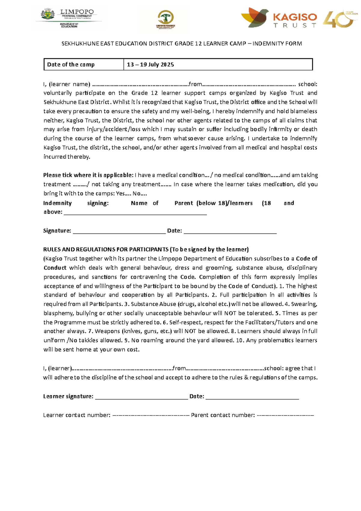 SEKHUKHUNE EAST GRADE 12 CAMP INDEMNITY FORM (13-19 July 2025) - Studocu