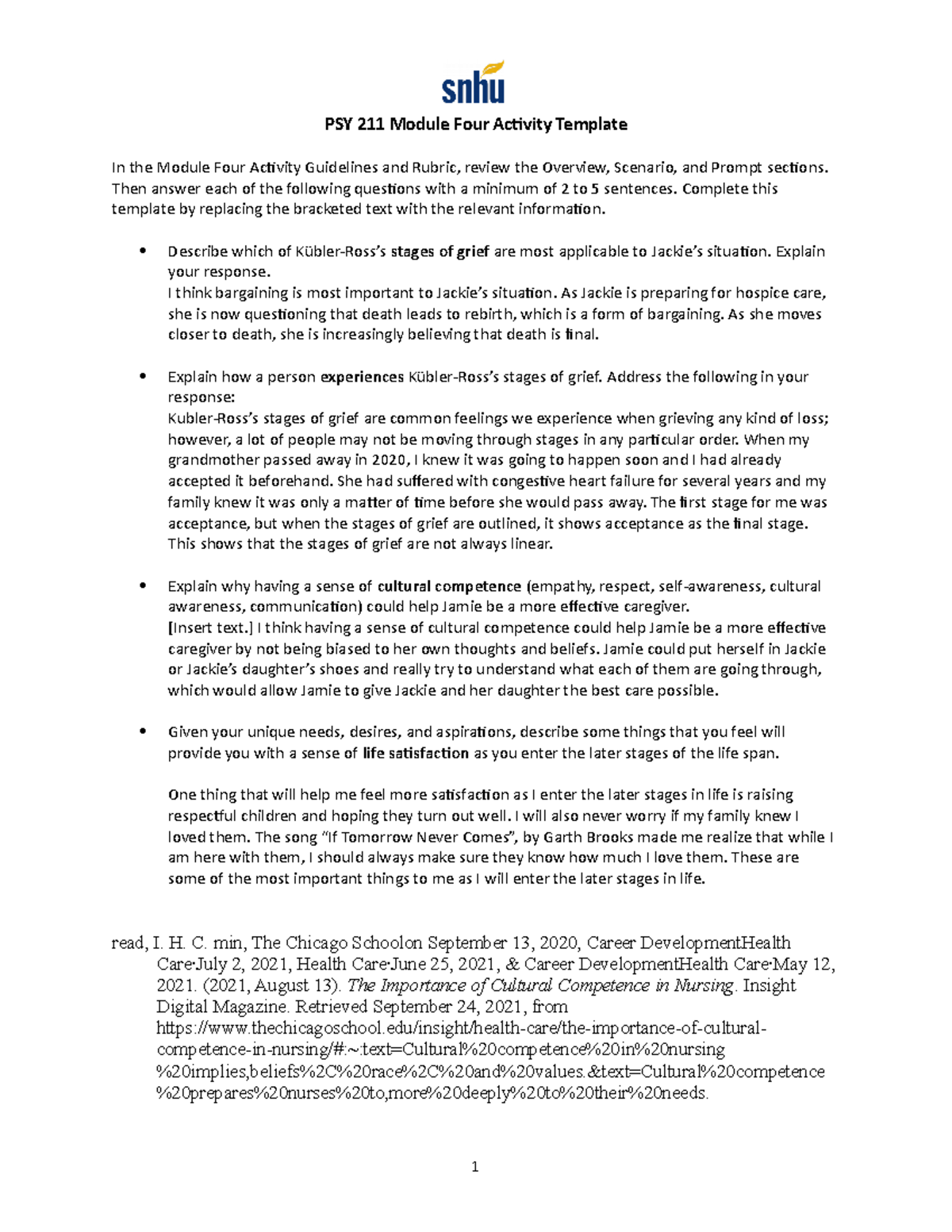 PSY 211 Module 4 Journal on Lifespan Development and Grief Stages - Studocu