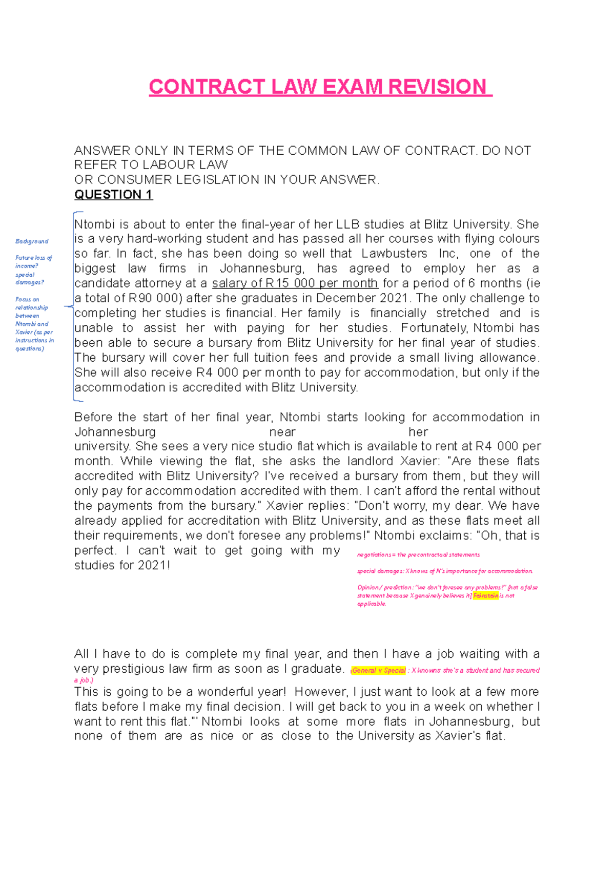Contract LAW 2021 Exam Revision - Analysis of Ntombi's Case Study - Studocu