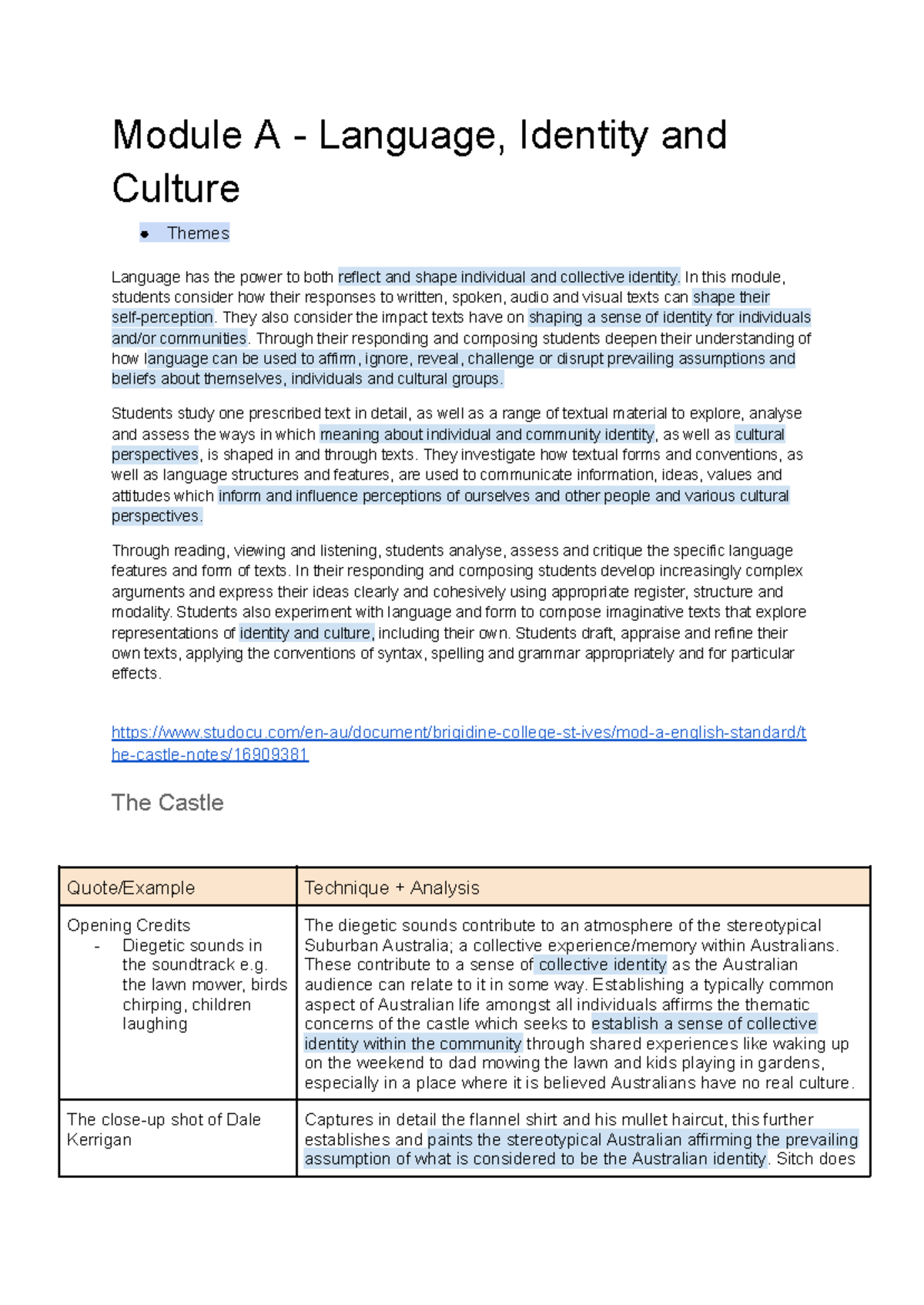 The Castle - Quotes and analysis - Module A - Language, Identity and ...