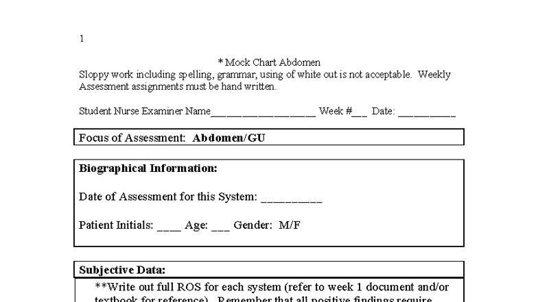 Mock Chart Note Template Abdomen-2 - 1 * Mock Chart Abdomen Sloppy work ...