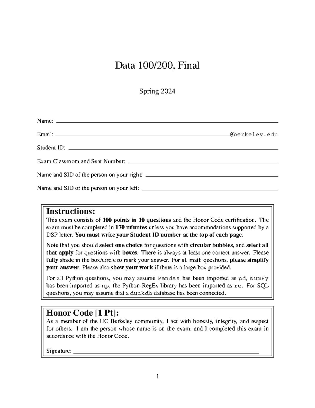 Data C100/C200 Final Exam Solutions and Insights Spring 2024 - Studocu