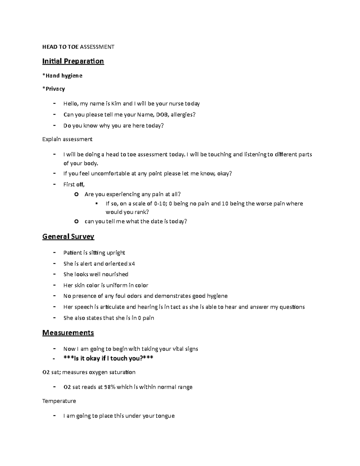 Comprehensive Head-to-Toe Health Assessment Script - Studocu