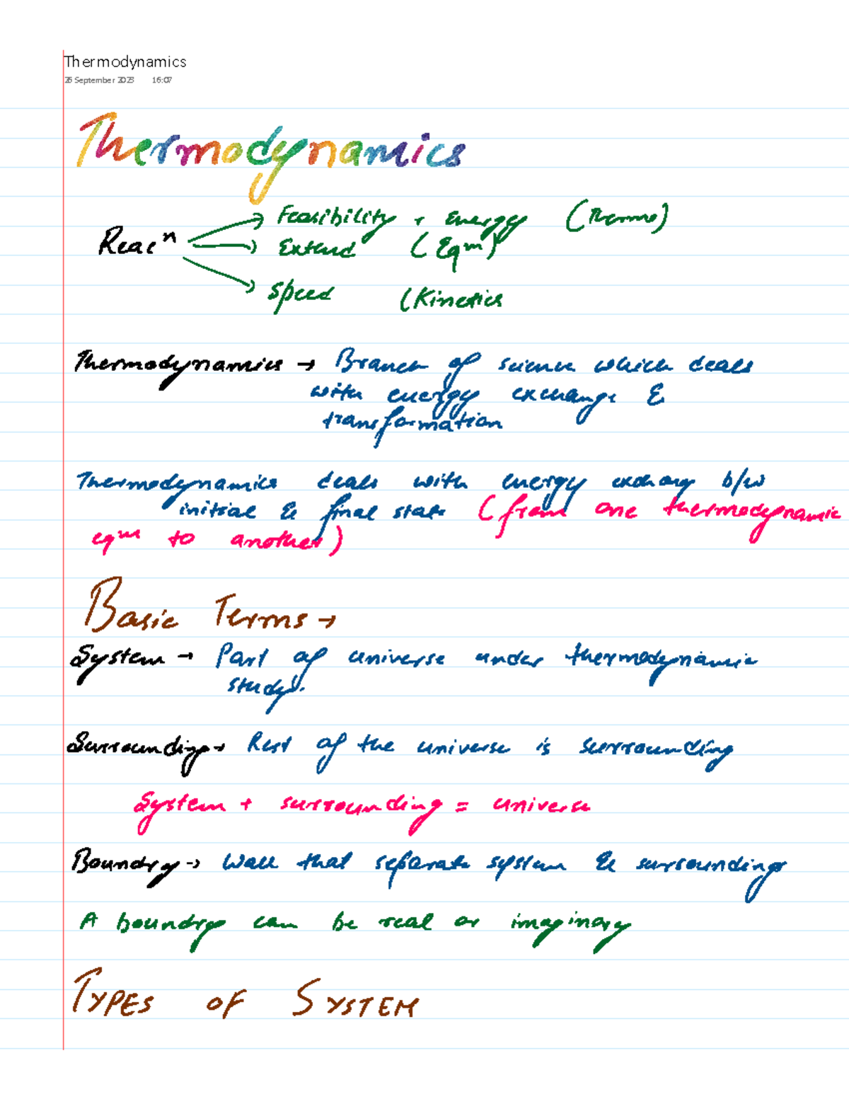 1. thermo - Class notes - Thermodynamics 26 September 2023 16:07 ...