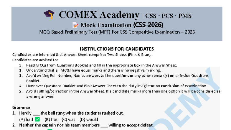 COMEX Academy CSS PCS PMS Mock Examination MCQ Based Preliminary Test ...