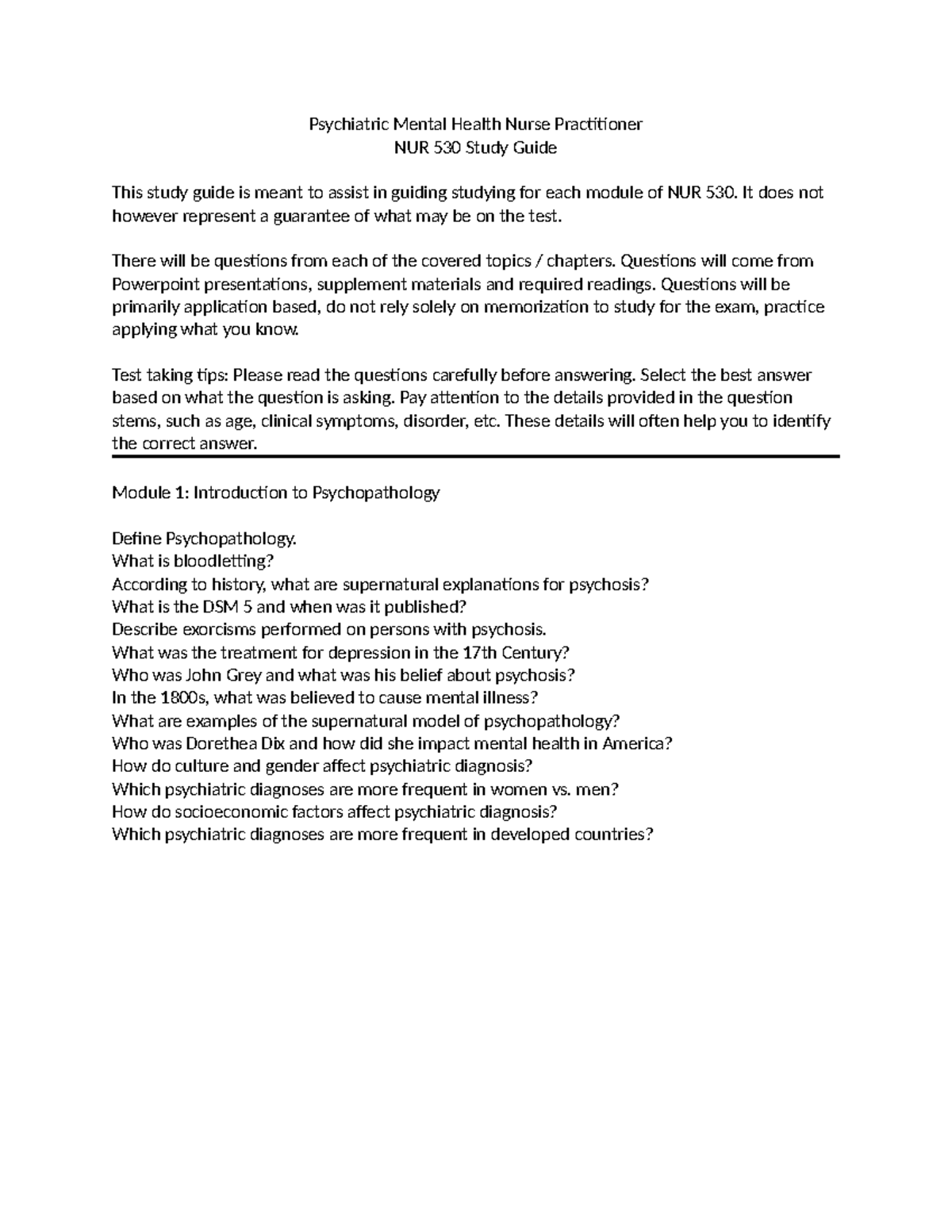 NUR 530 - Module 1- Introduction to Psychopathology - Psychiatric Mental Health Nurse ...