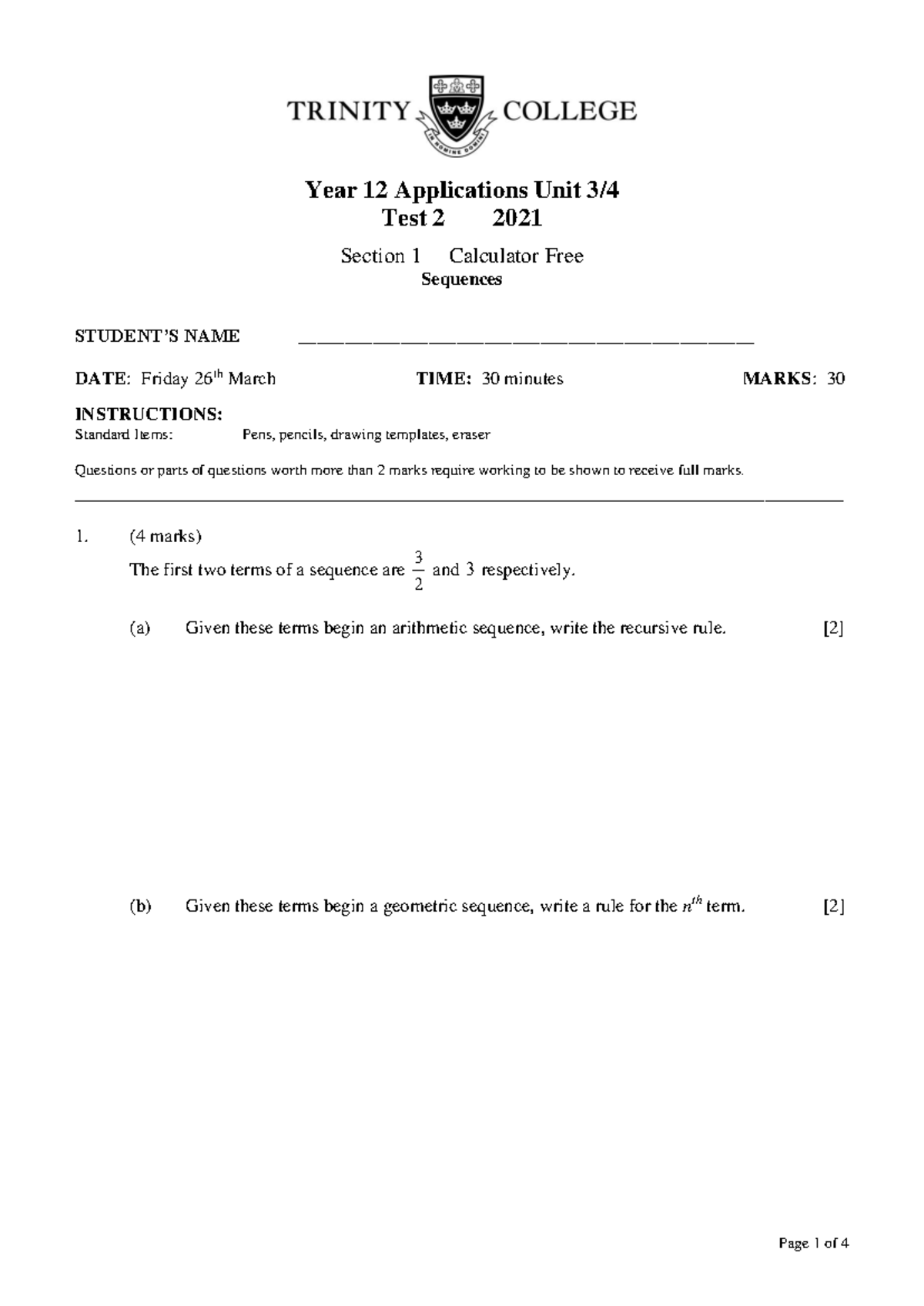 2021 Yr12 Apps Unit Test 2: Sequences & Recurrence Relations - Studocu