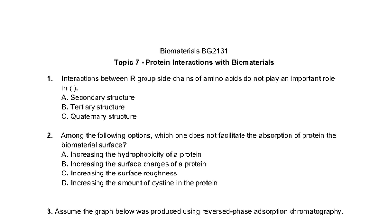 BG2131 Topic 7: Protein Interactions with Biomaterials Tutorial - Studocu