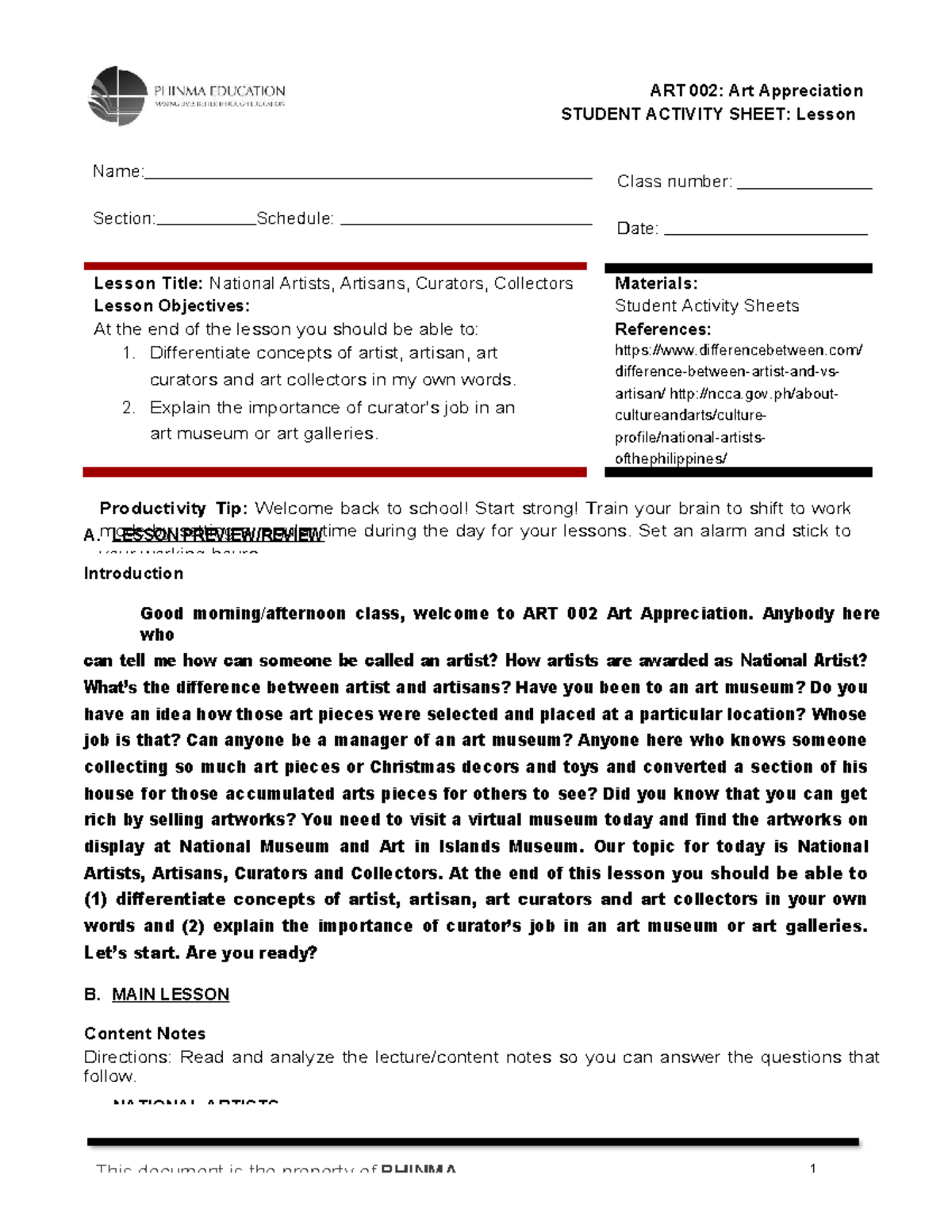 ART 002- Lesson 8 SAS - ... - STUDENT ACTIVITY SHEET: Lesson ...