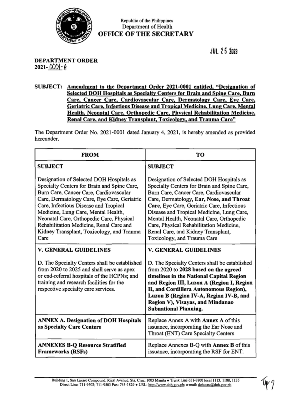 DOH Department Order 2021-0001: Designation of Specialty Centers - Studocu