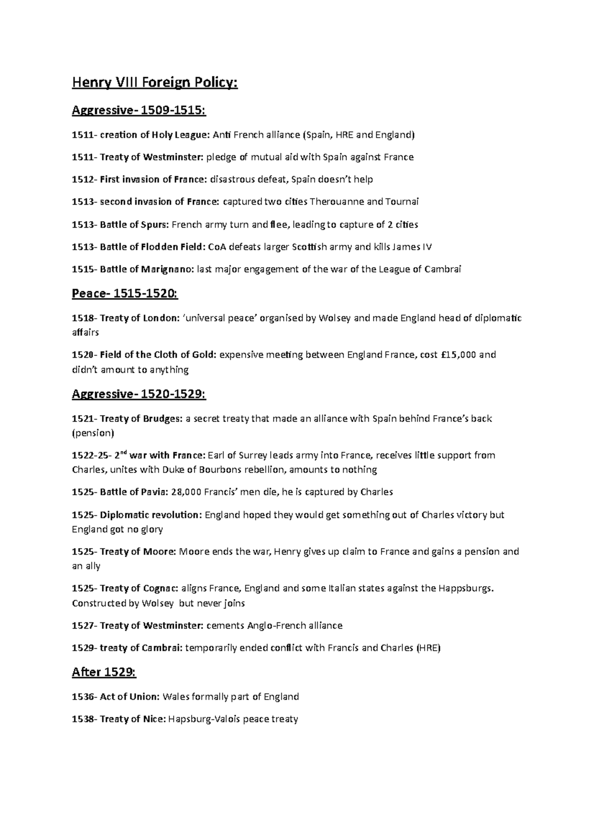 Henry VIII Foreign Policy: Key Events & Treaties (1509-1546) - Studocu