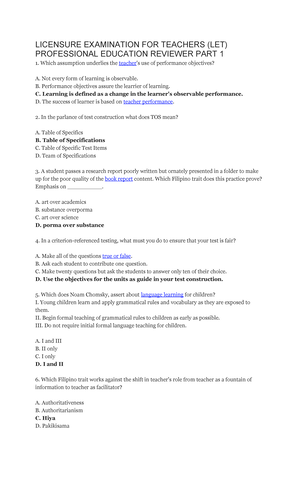 Licensure Examination FOR Teachers (LET) Professional Education ...