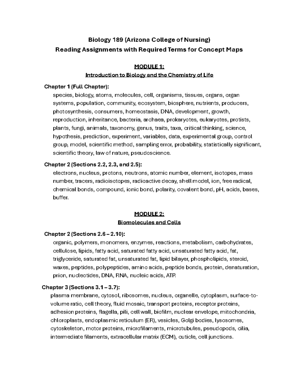 Biology 189: Concept Map Terms by Module for Reading Assignments - Studocu