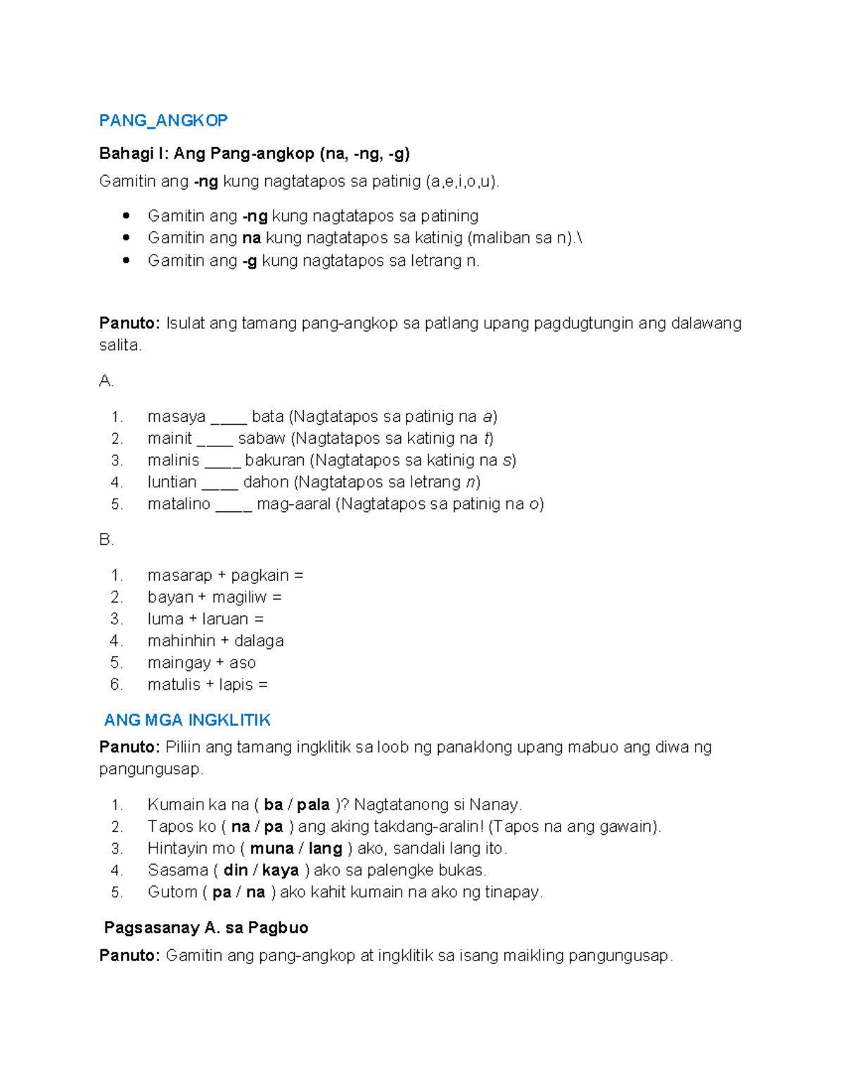 PANG_ANGKOP: Pagsasanay sa Ingklitik at Adjectives - Studocu