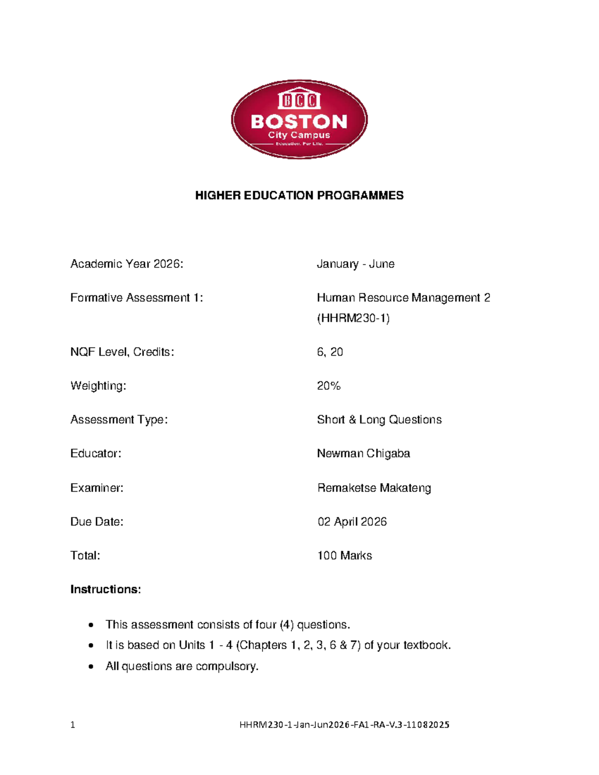 HHRM230-1: Formative Assessment 1 (Jan-Jun 2026) - Studocu