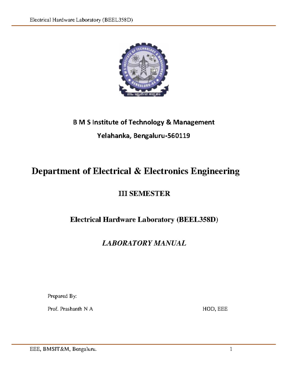 Electrical Hardware Laboratory Manual (BEEL358D) - BMSIT - Studocu