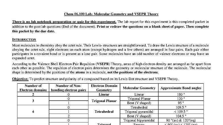 Chem 06.100 Lab: Molecular Geometry & VSEPR Theory Guide - Studocu