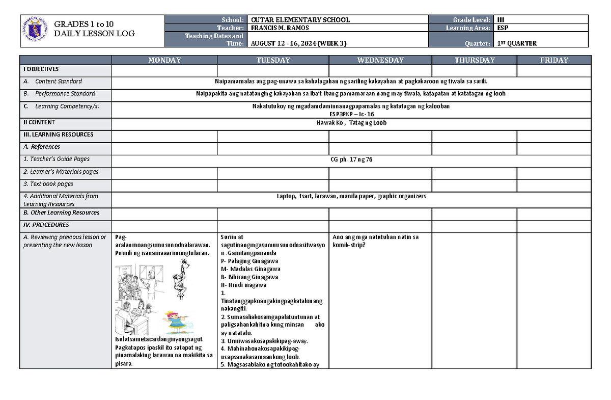DLL ESP 3 Q1 W3 - Daily Lesson Log for Grades 1-10 - Studocu