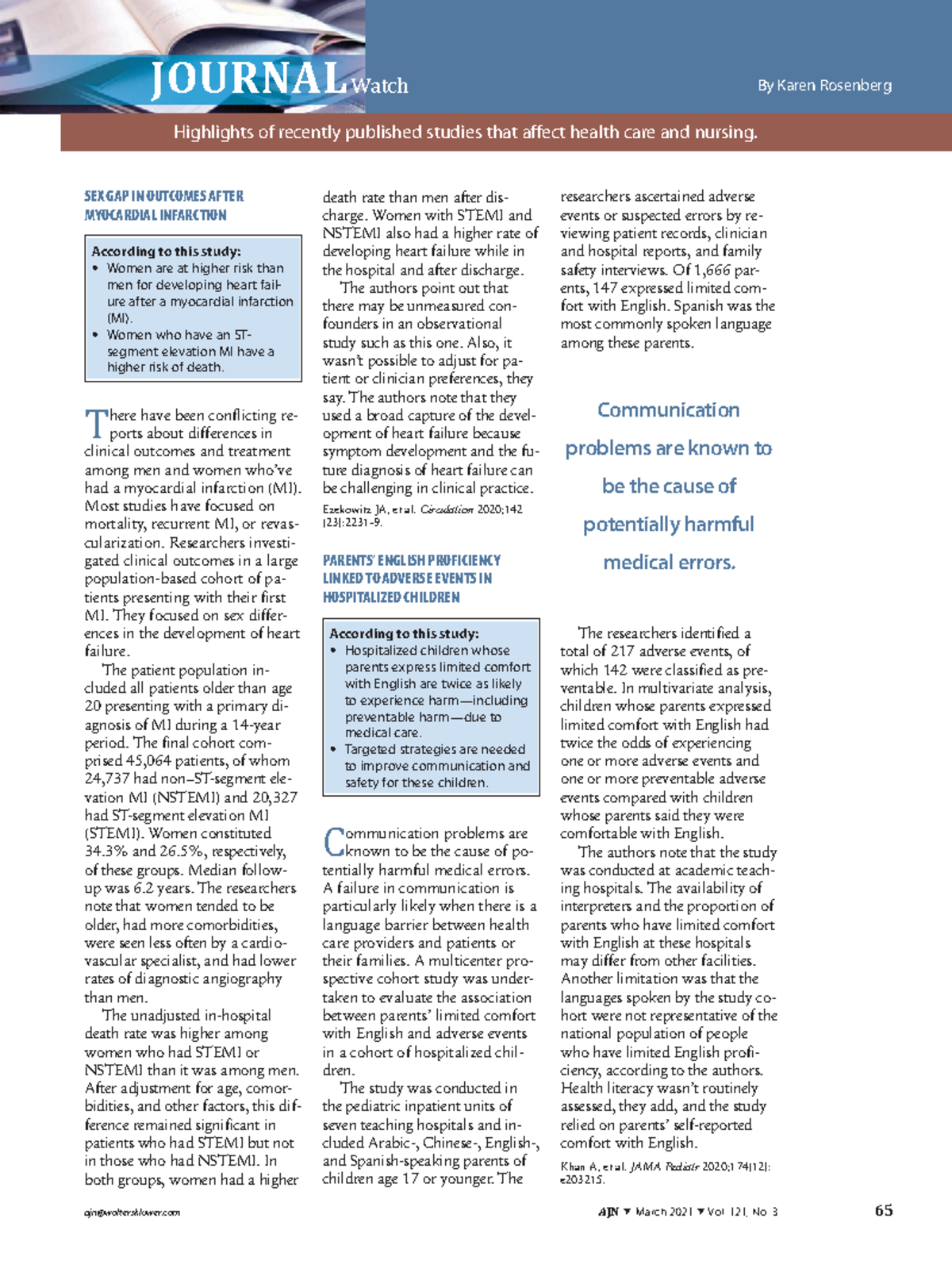 AJN: Sex Gap in Outcomes Post-Myocardial Infarction & Parent English Proficiency Issues - Studocu