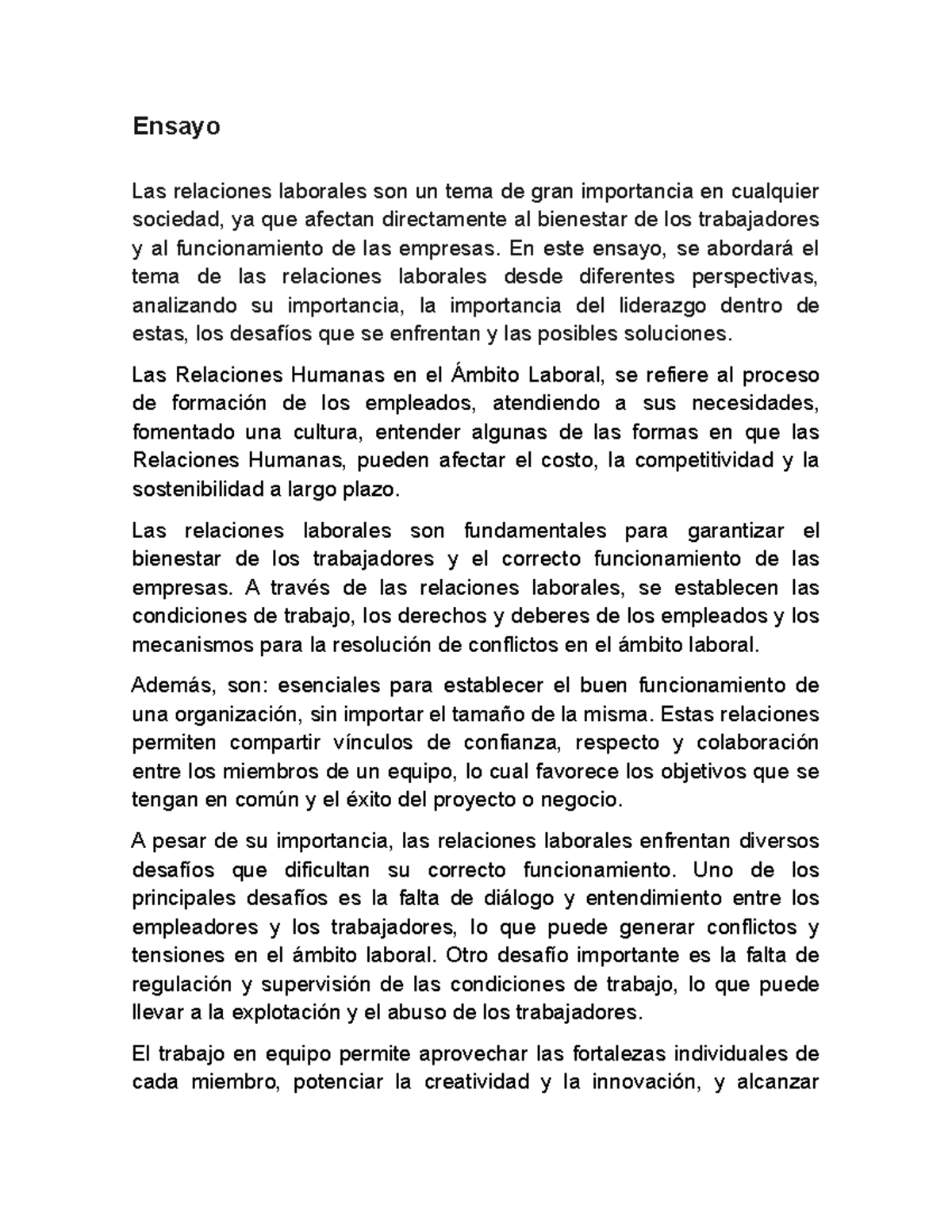 Ensayo R.H. en el Ámbito Laboral: Importancia y Desafíos - Studocu