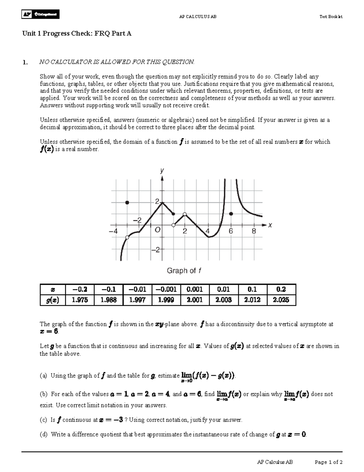 AP CALCULUS AB Unit 1 Progress Check: FRQ Part A Analysis - Studocu