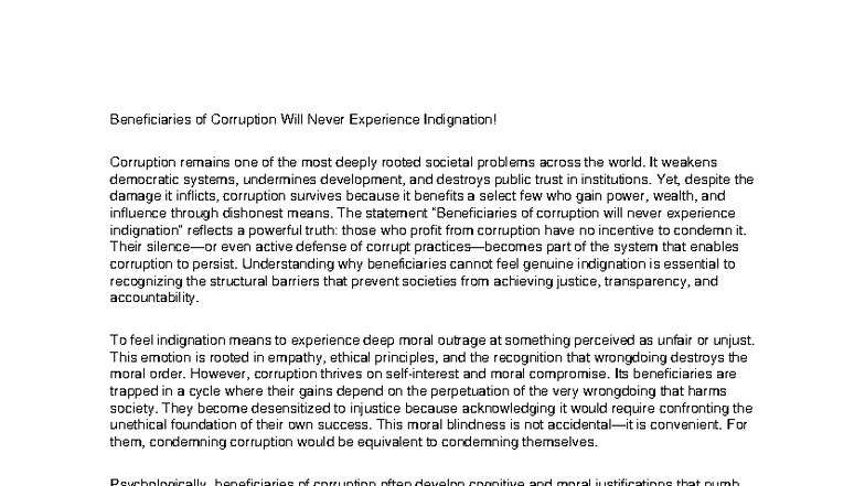 Beneficiaries of Corruption: Understanding Moral Indifference Essay ...