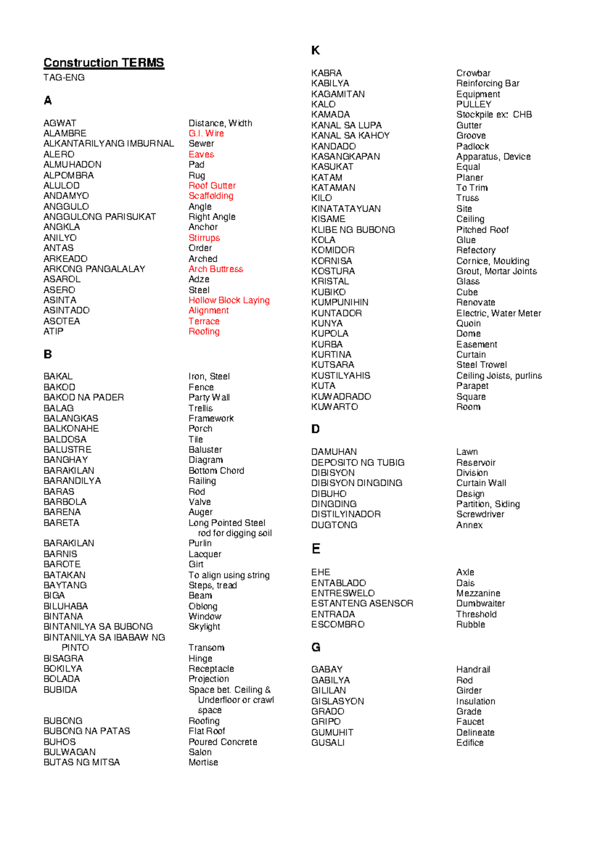 Tagalog-English Construction Terms Reference Guide - Studocu