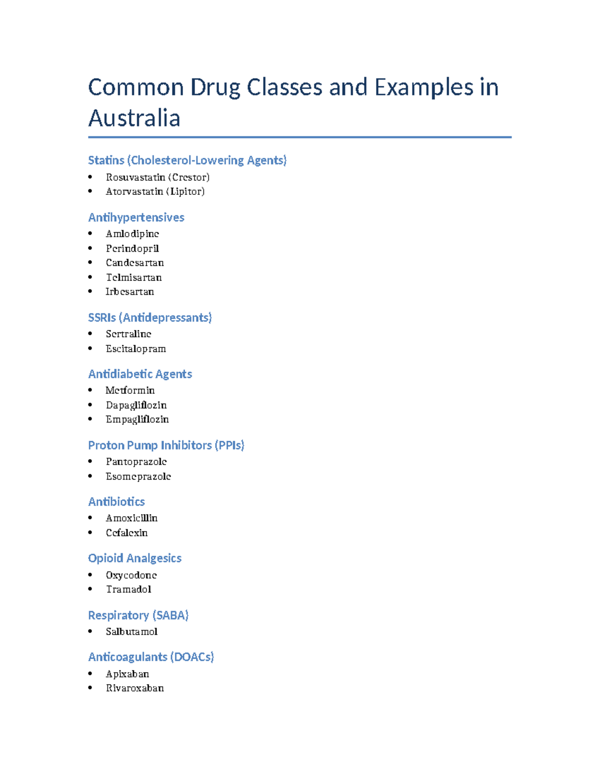 Common Drug Classes and Examples in Australia (PHAR 101) - Studocu