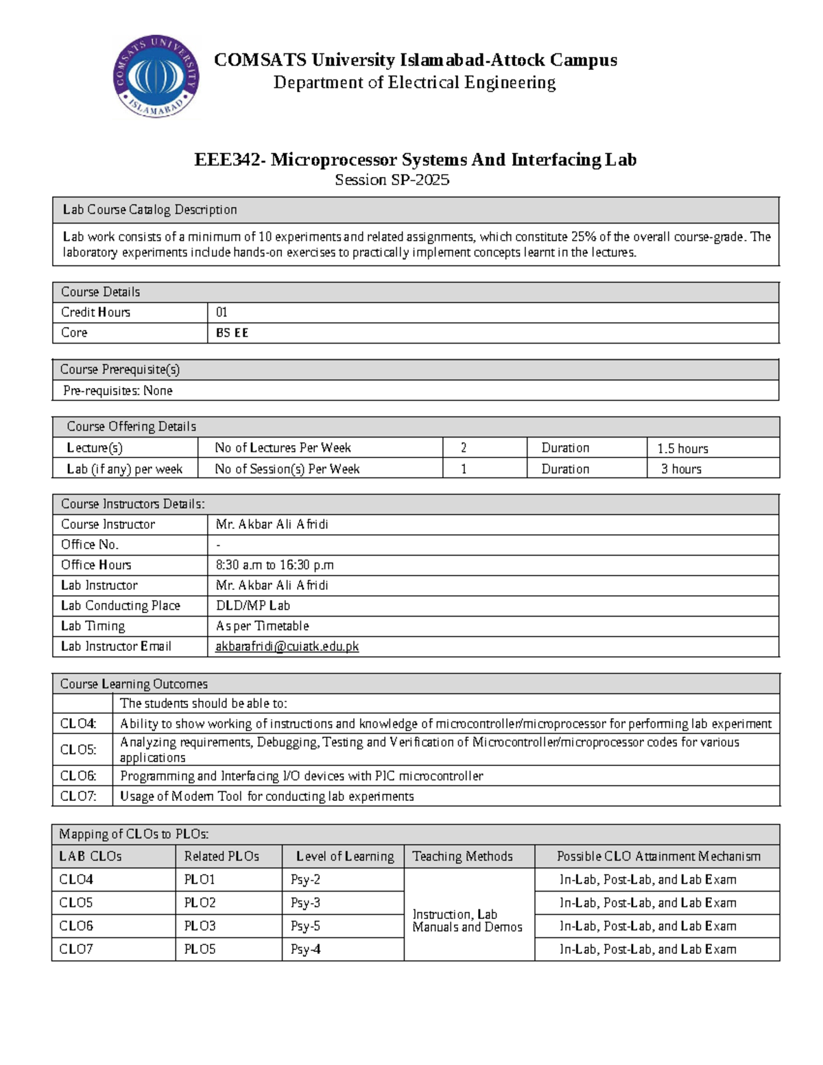 Microprocessor Systems & Interfacing Lab SP-25 Overview - Studocu