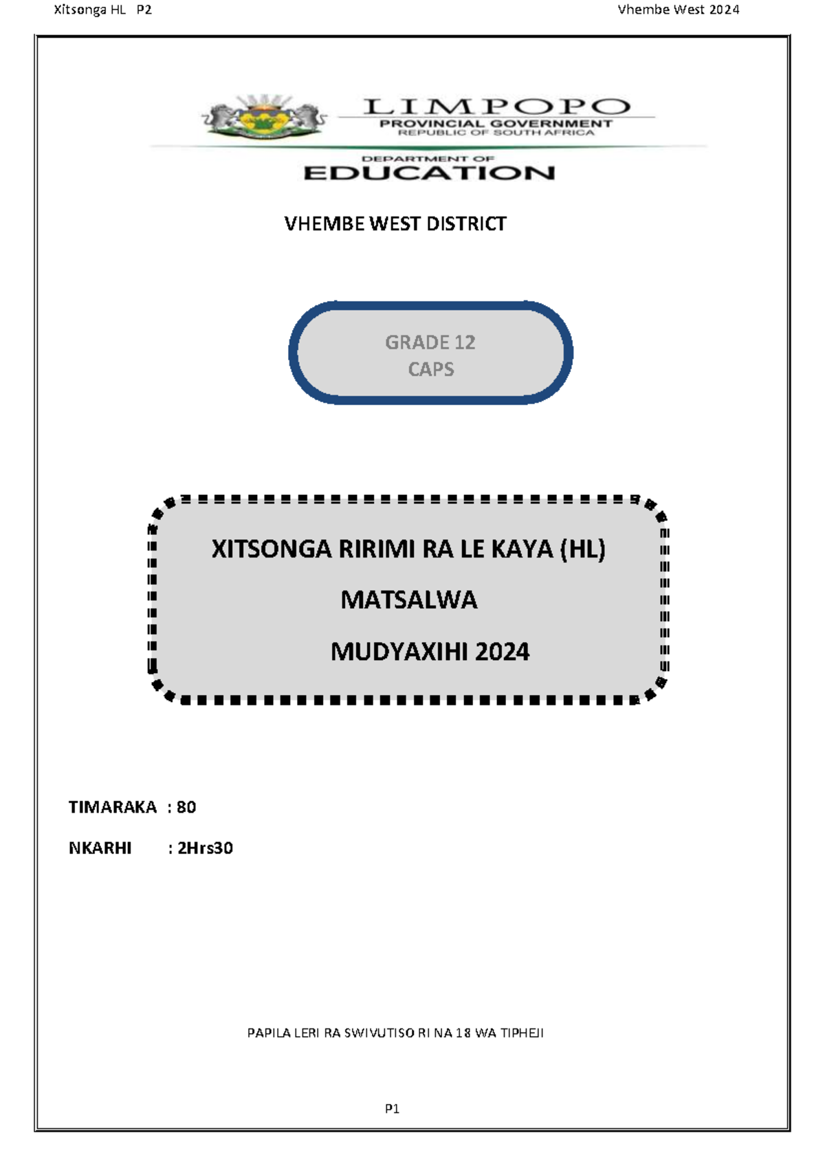 2024 Grade 12 Xitsonga HL P2 Question Paper (QP) - Studocu