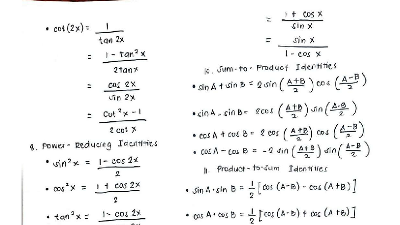 Trigonometric Identities and Formulas for Course 1+ - Studocu