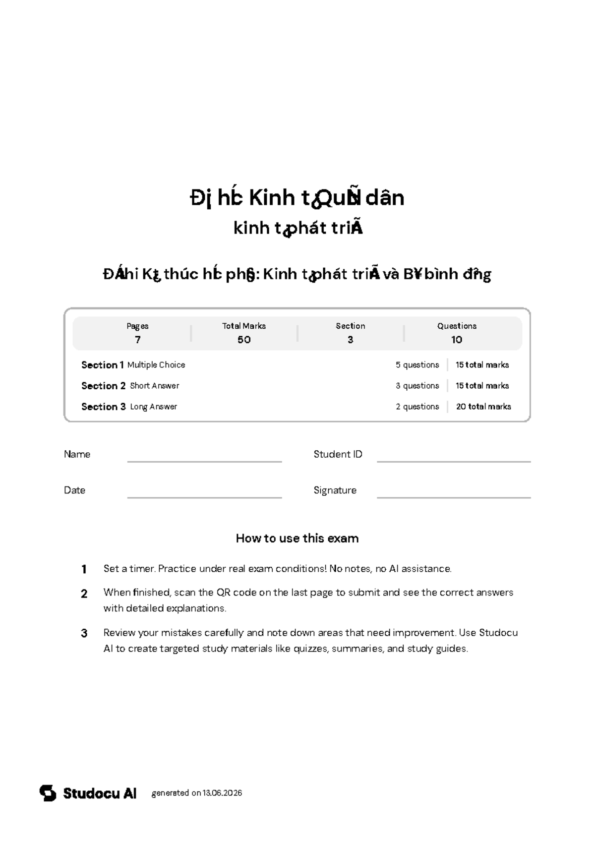 Đề thi Kết thúc học phần: Kinh tế phát triển và Bất bình đẳng - Studocu