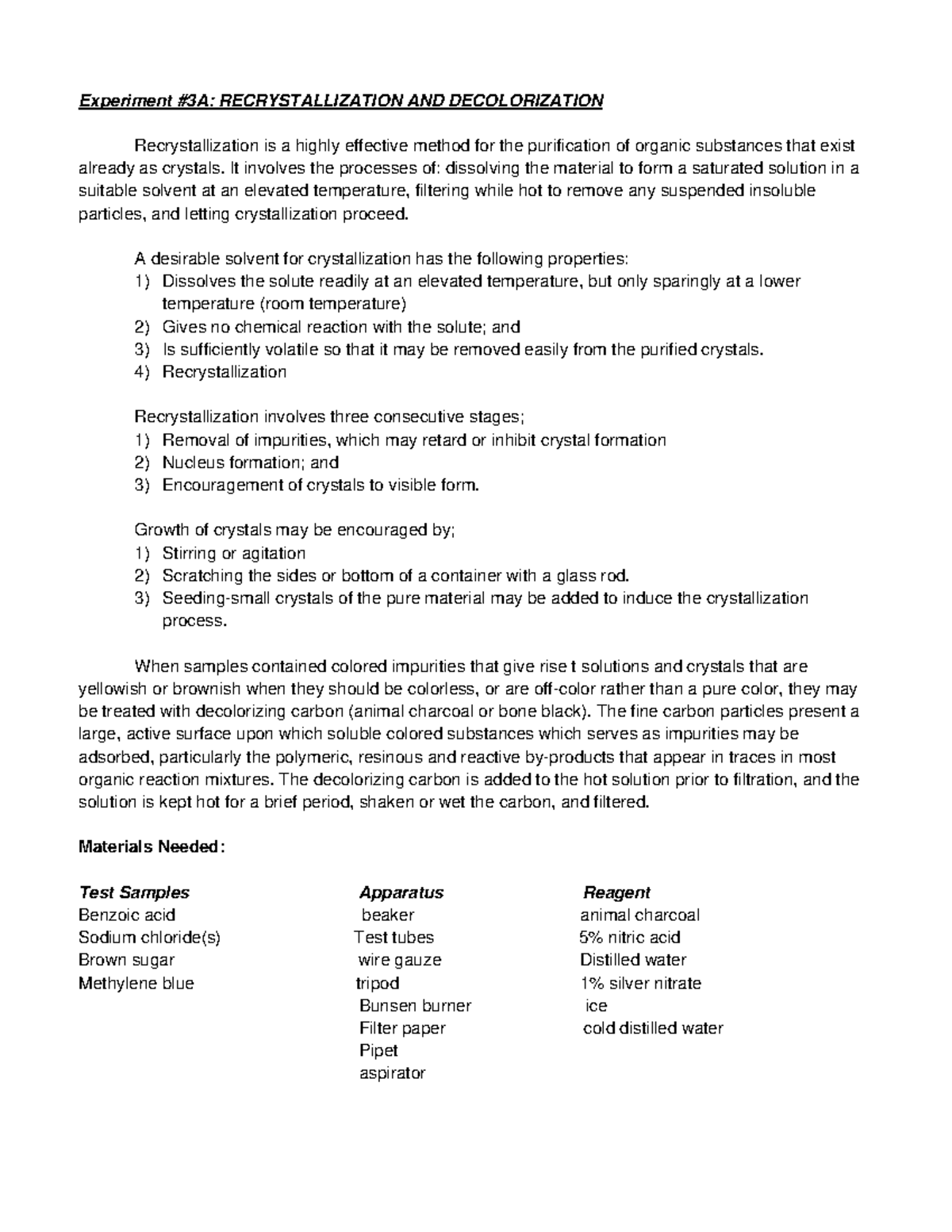 Experiment 3A: Recrystallization & Decolorization Techniques - Studocu