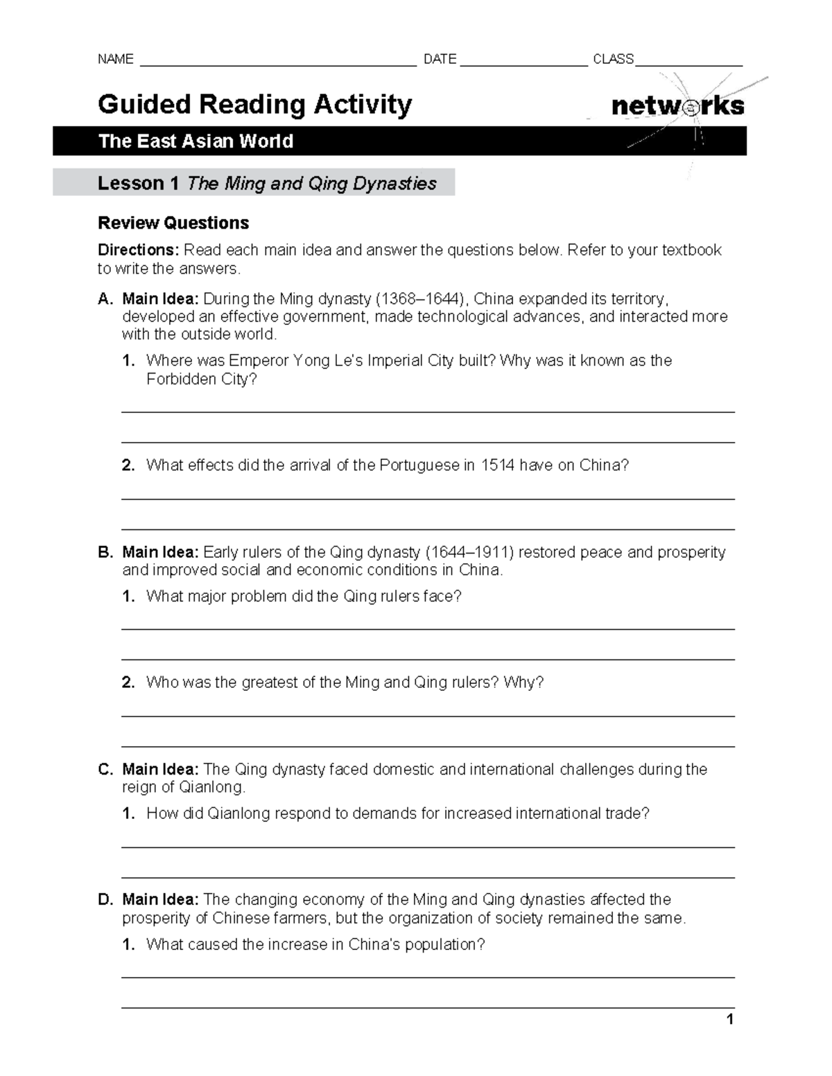 Lesson 1: The Ming & Qing Dynasties Guided Reading Activity - Studocu