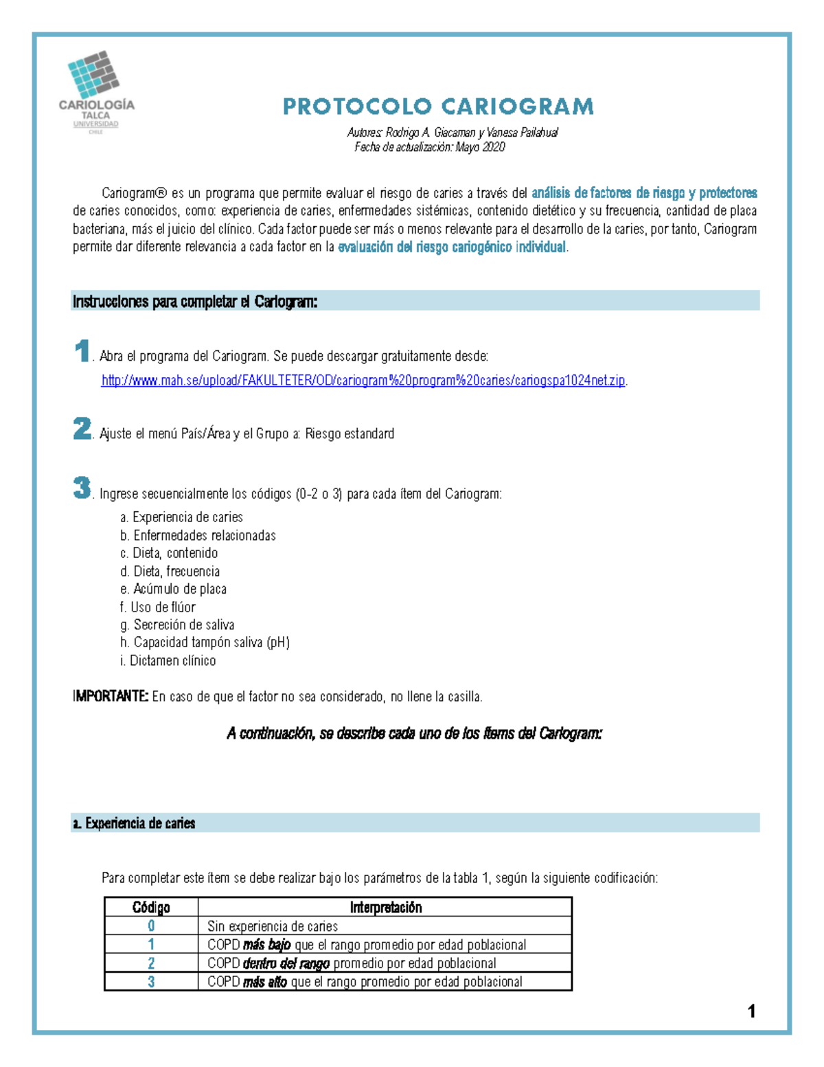Protocolo Cariogram: Evaluación del Riesgo Cariogénico 2020 - Studocu