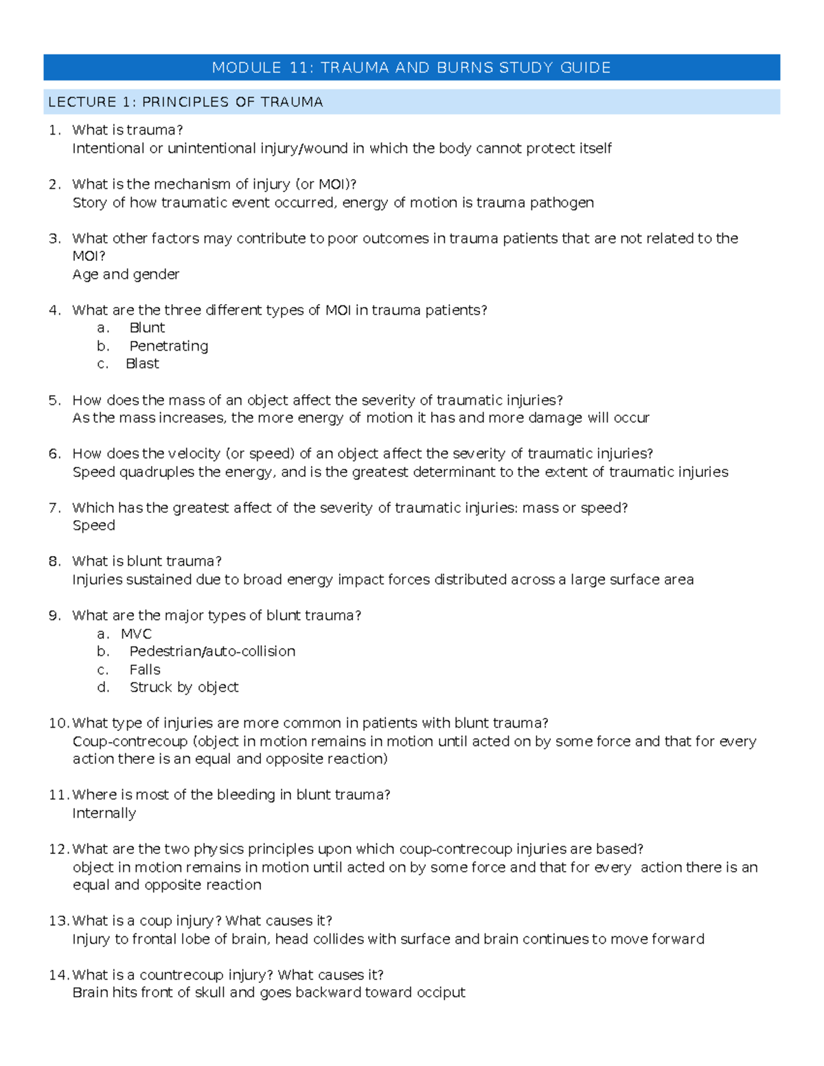 MODULE 11: TRAUMA AND BURNS STUDY GUIDE LECTURE 1-5 - Studocu
