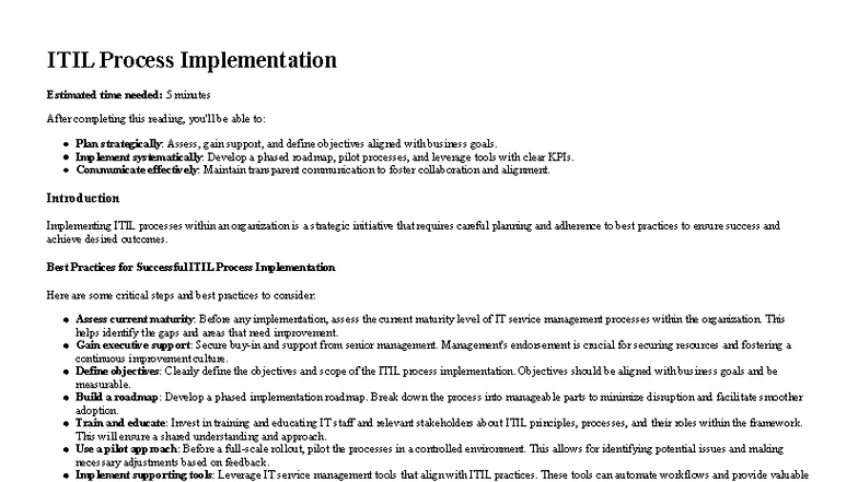 ITIL Process Implementation: Best Practices for Success - Studocu