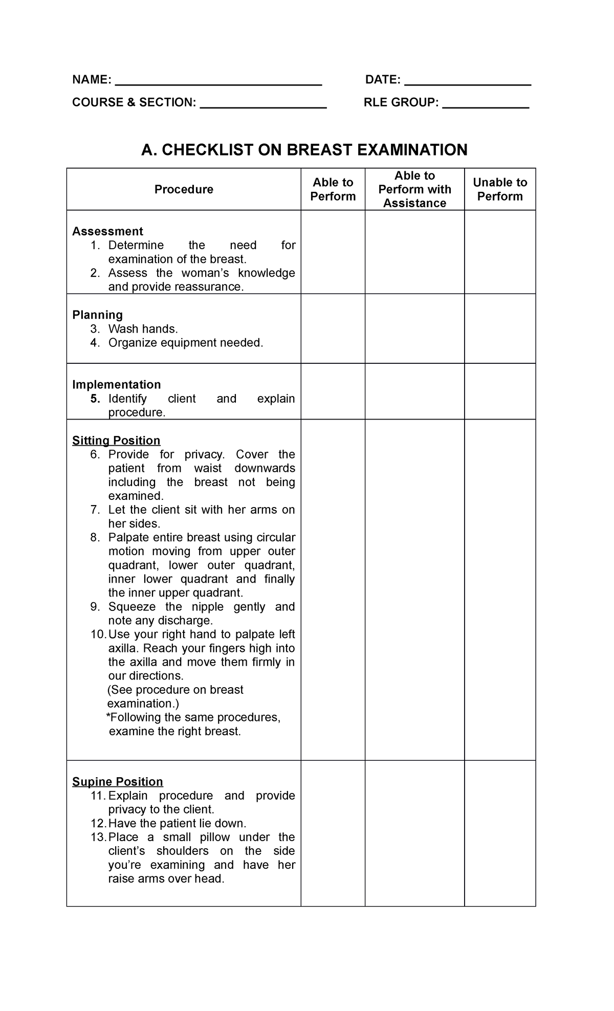 Checklist for Breast Examination - NAME ...
